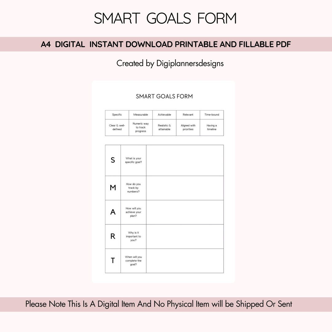 SMART Goals Form, Goal Setting Worksheet, Goal Planning Form ...