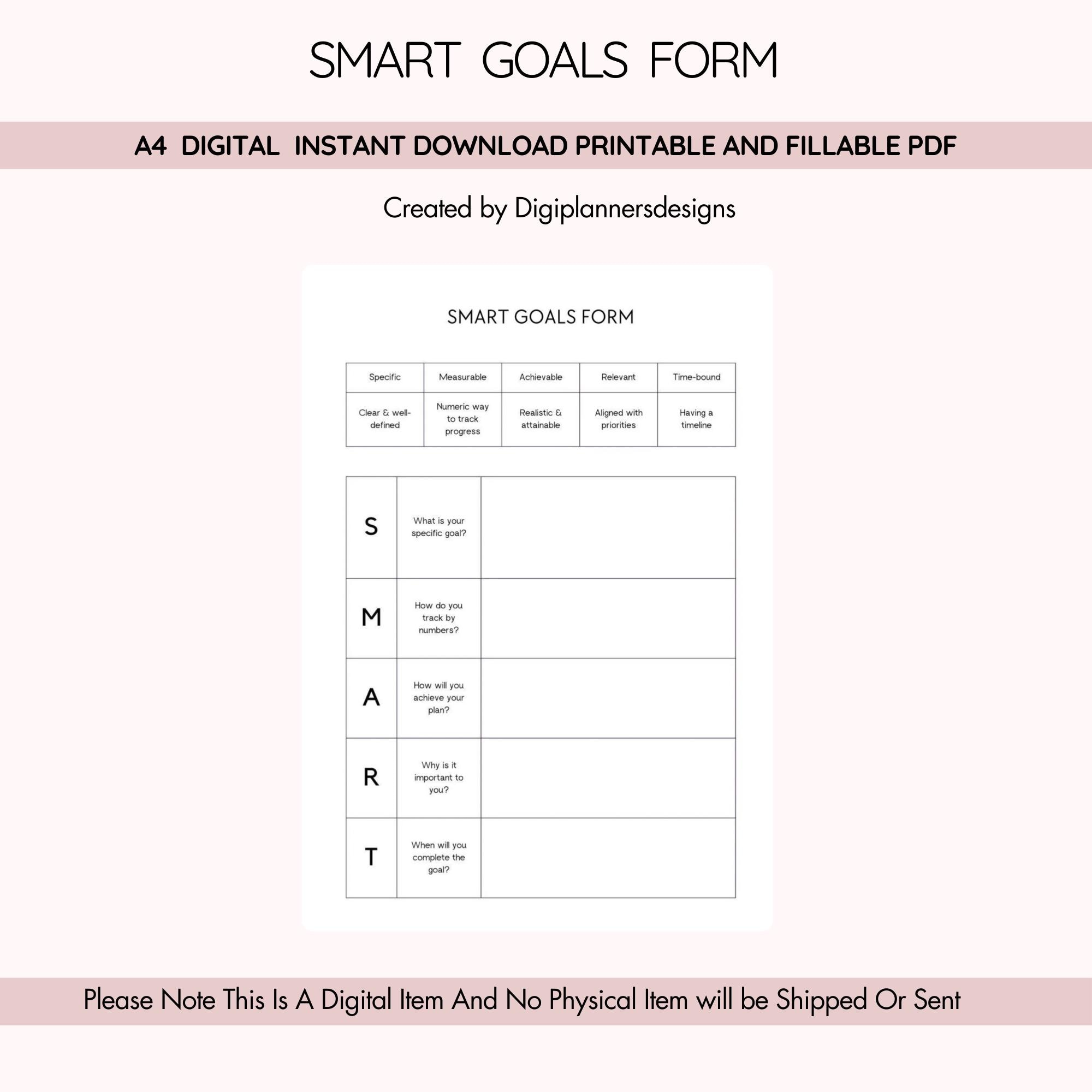 SMART Goals Form, Goal Setting Worksheet, Goal Planning Form ...