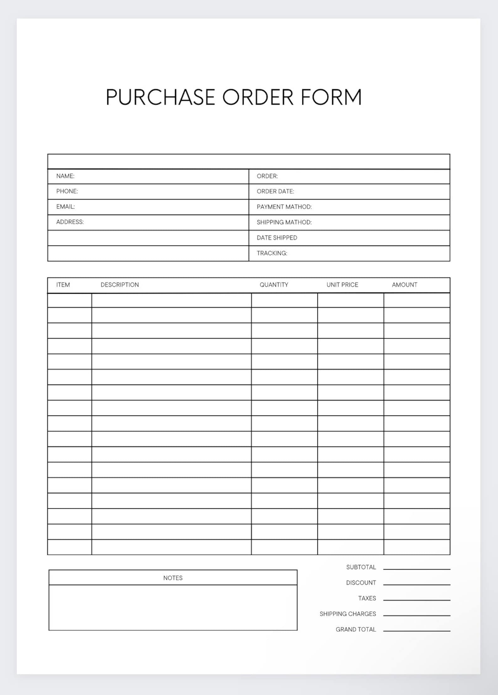 Purchase Order Form,order Form Template,small Business Planner,order ...