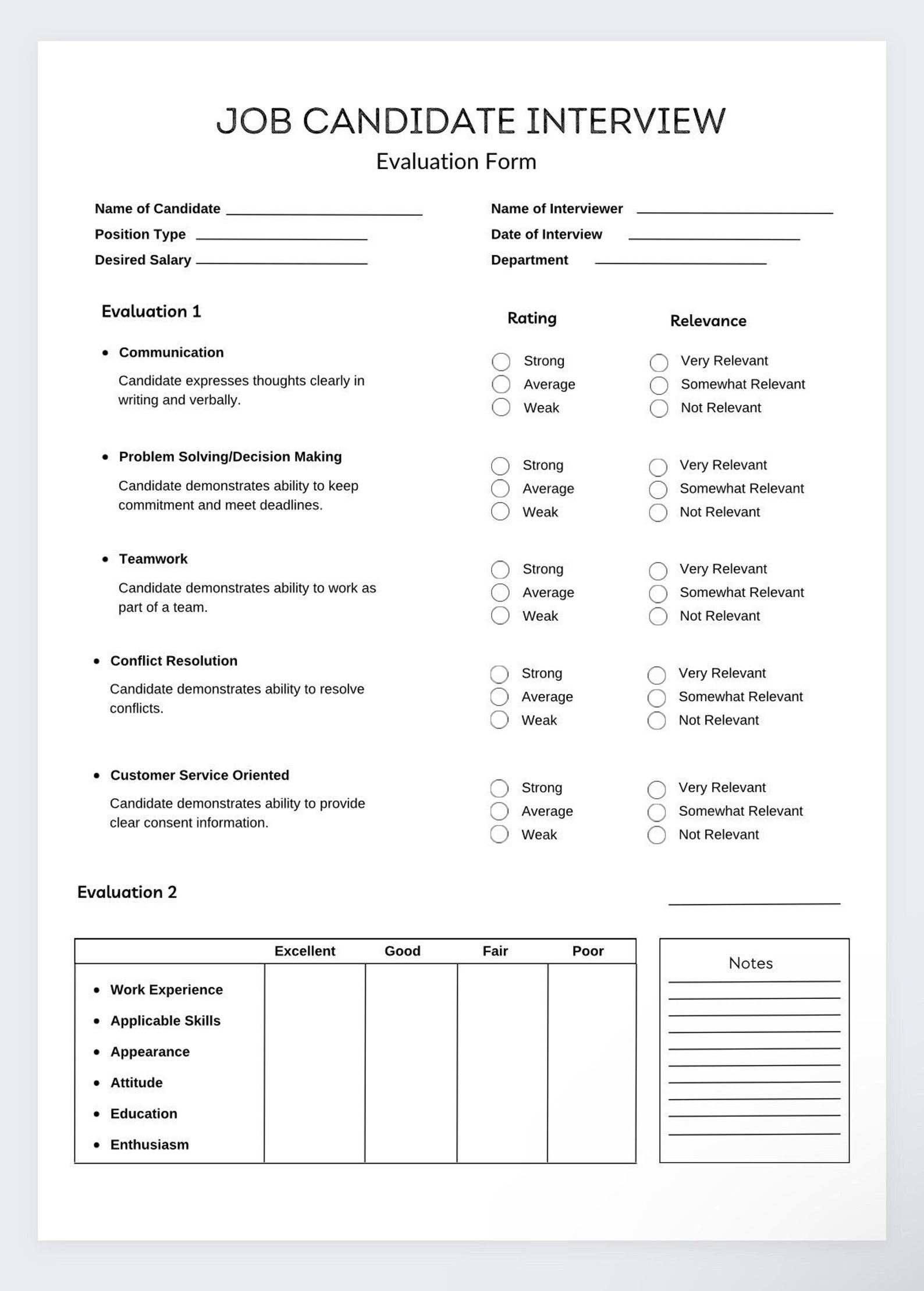 Job Interview Candidate Evaluation Form: Recruiter Template - Etsy