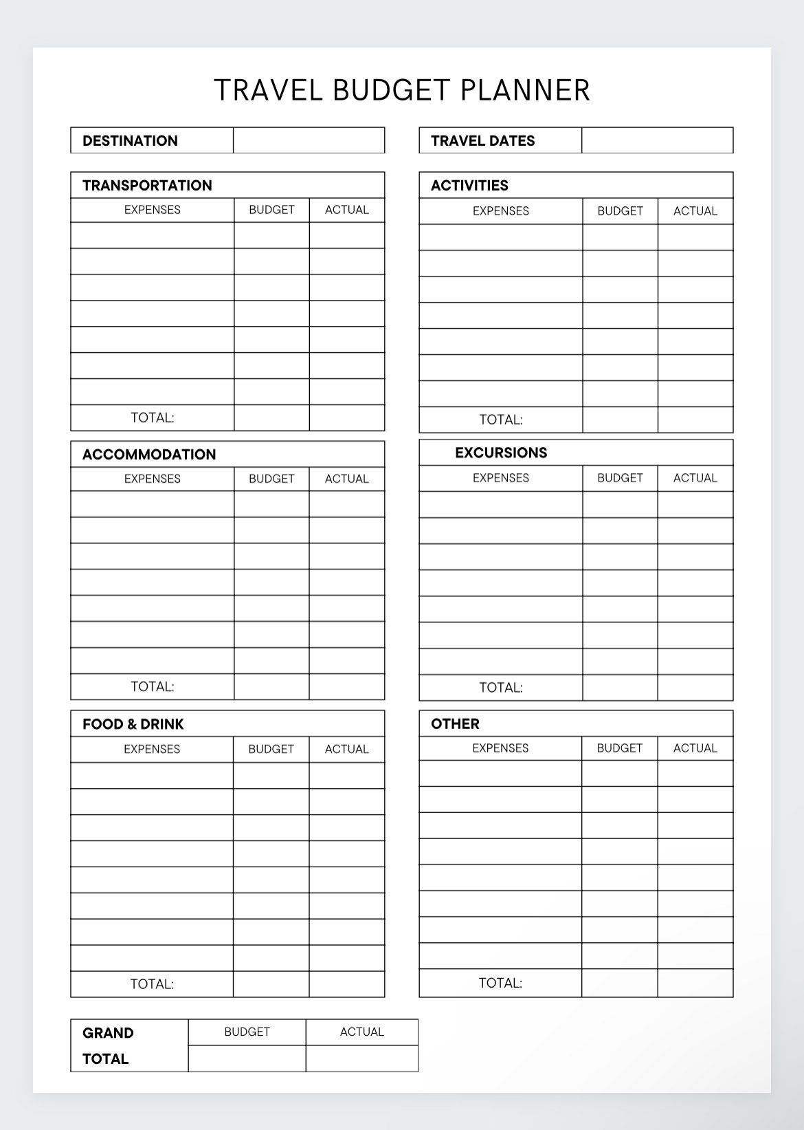 Travel Breakdown Budget Planner,vacation Budget Planner Printable ...