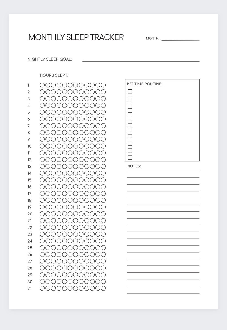 Sleep Tracker Printable, Monthly Sleep Log, Sleep Quality Journal ...