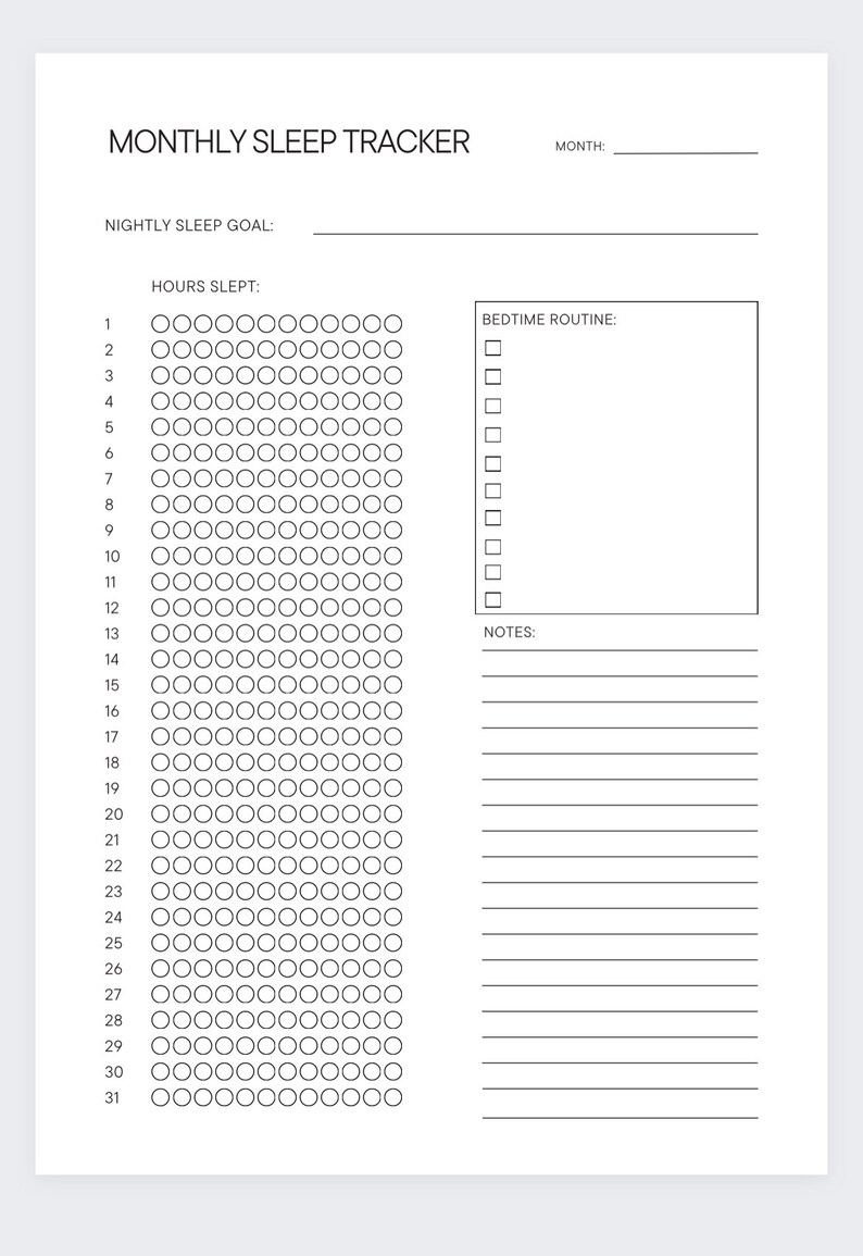 Sleep Tracker Printable, Monthly Sleep Log, Sleep Quality Journal ...