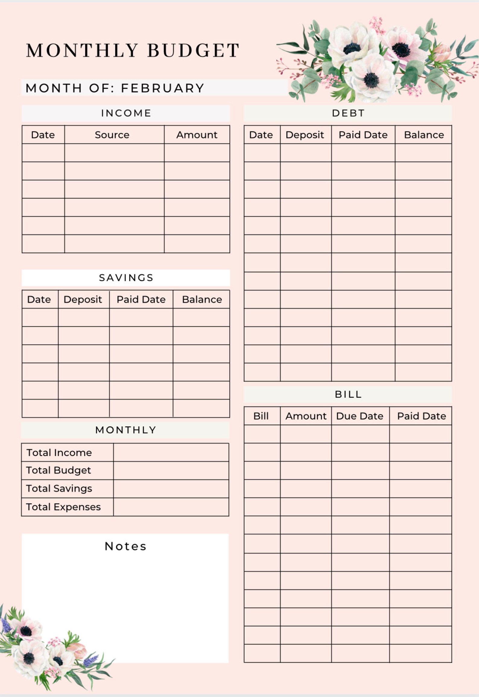 12 Month Pale Pink Floral, Monthly Budget Planner,financial Planner ...
