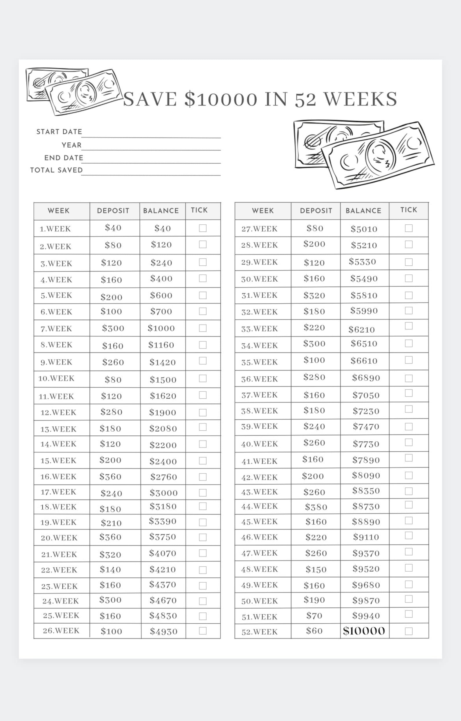 Save 10000 in 52 Weeks Money Challenge,52 Week Saving Challenge, Saving ...