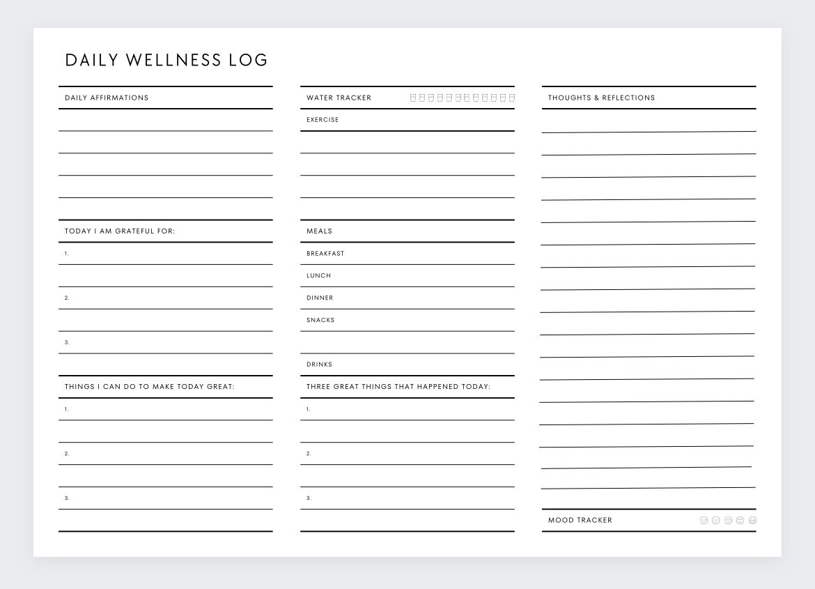 Daily Wellness Log,day at a Glance,daily Selfcare Planner,daily ...