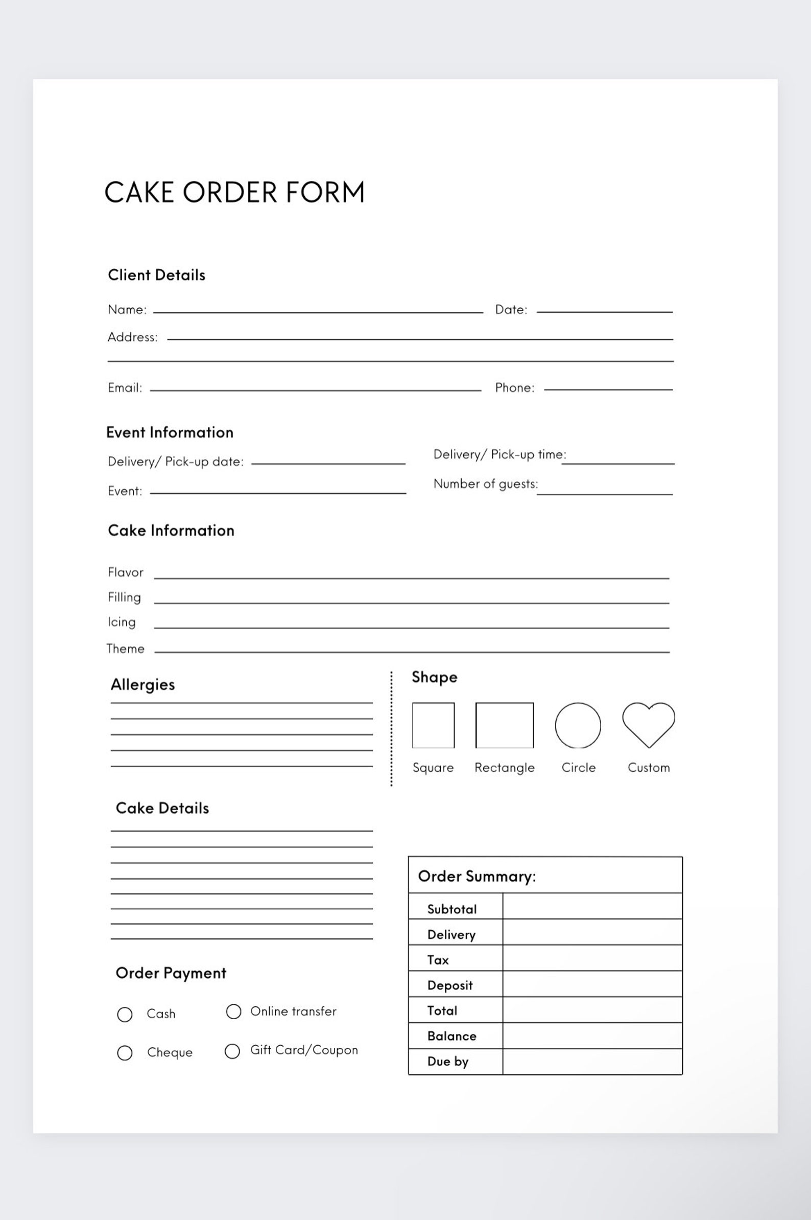 Cake Order Form, Custom Cake Order Sheet, Bakery Order Tracker, Cake ...