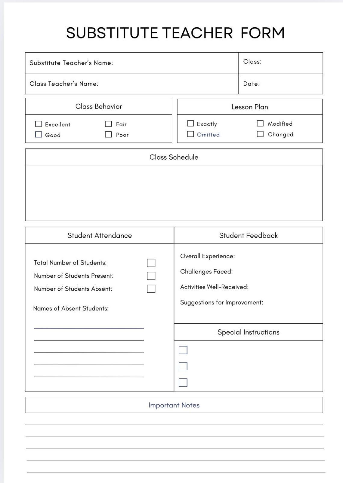 Substitute Teacher Form,lesson Planner,substitute Planner,teacher Sub ...