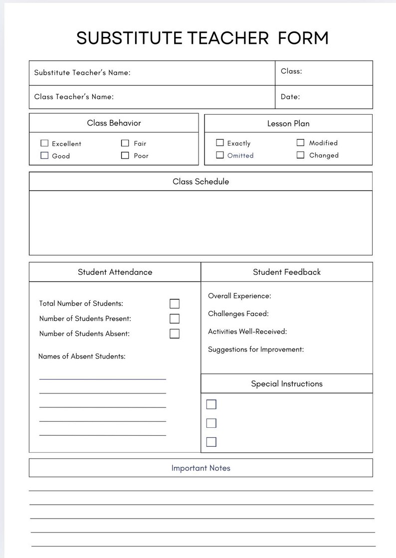 Substitute Teacher Form,lesson Planner,substitute Planner,teacher Sub ...