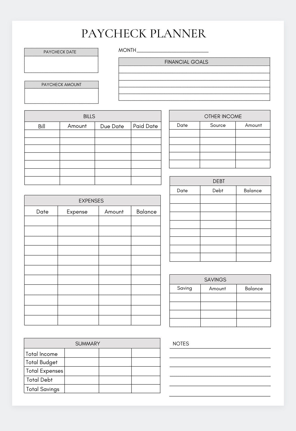 Grey Paycheck Planner,personal Budget,budget by Biweekly,budget ...