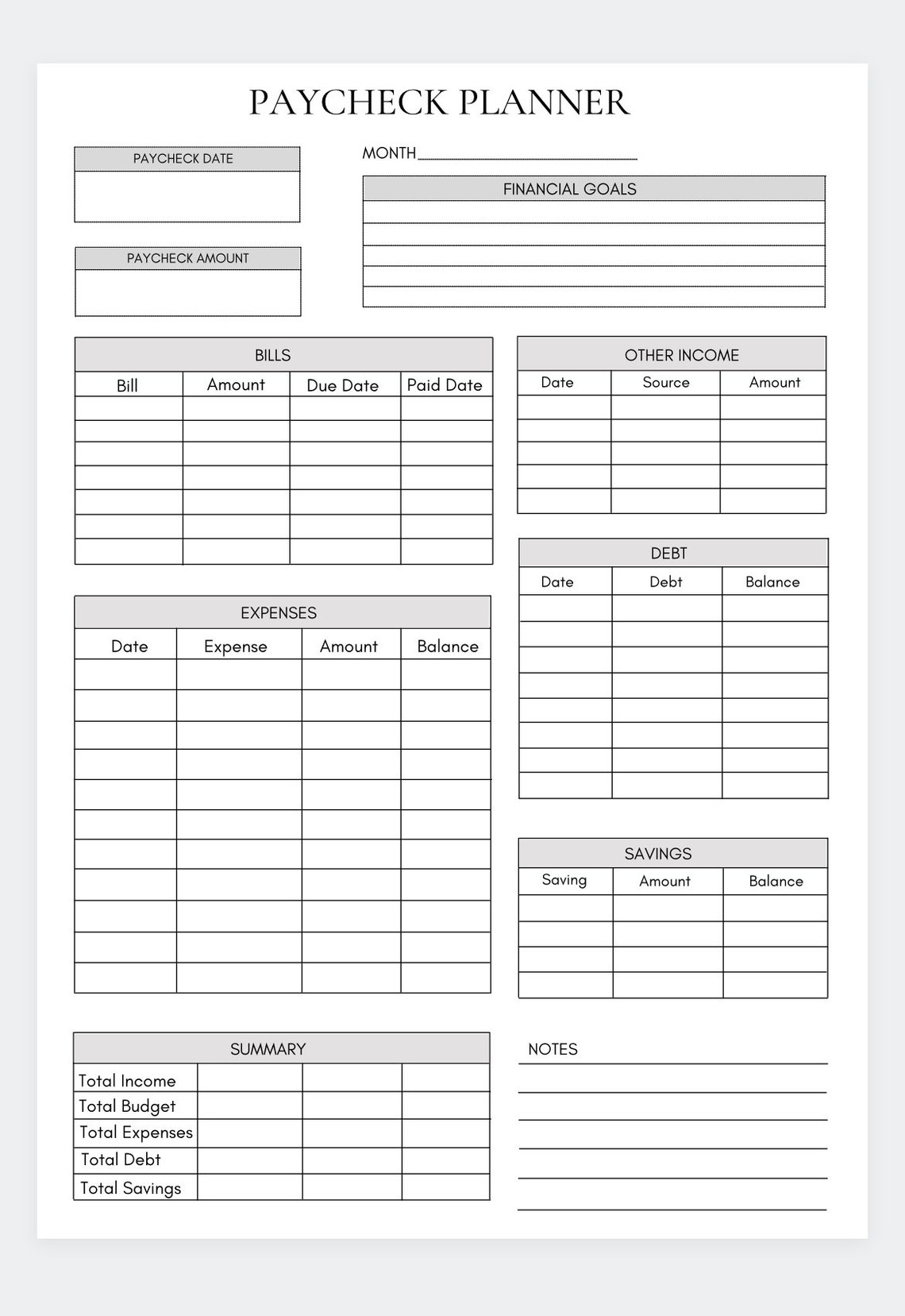 Grey Paycheck Planner,personal Budget,budget by Biweekly,budget ...