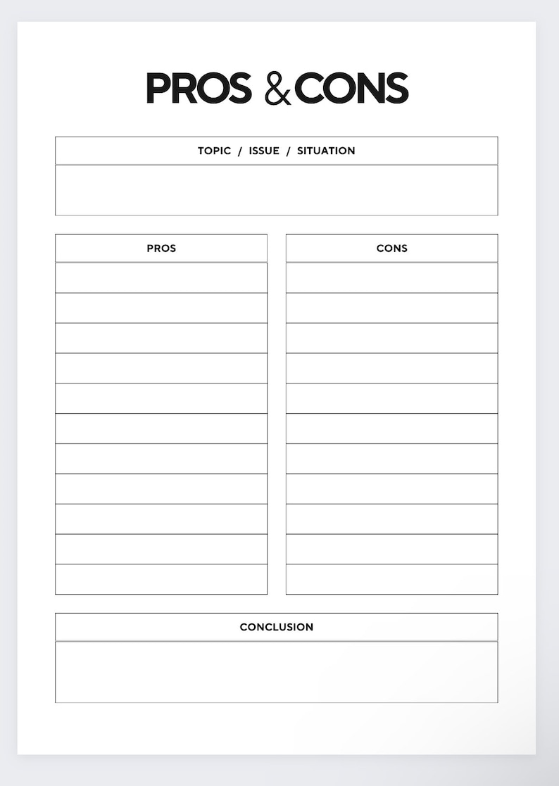 Pros and Cons List Template: Decision Matrix, Printable Planner - Etsy