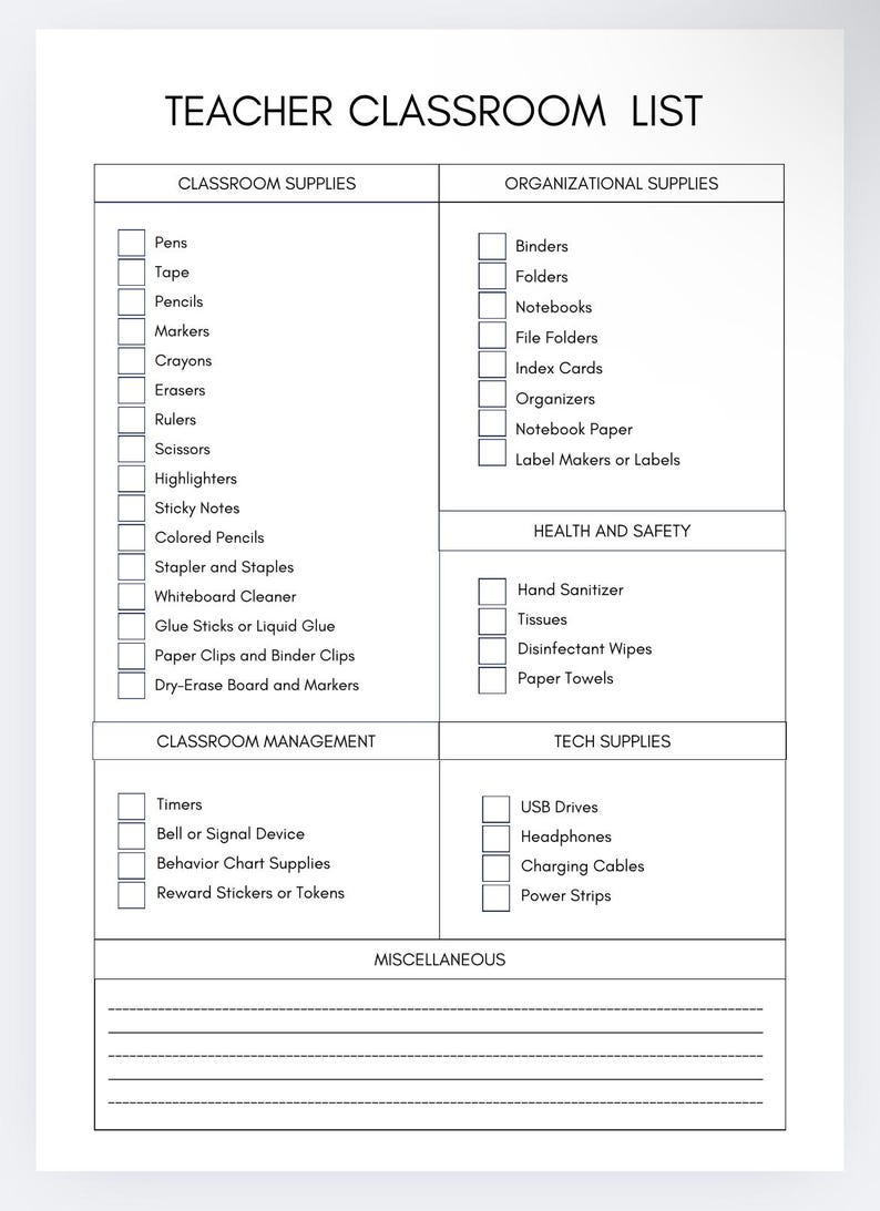 Teacher Classroom List,teacher Checklist,classroom Setup,back to School ...