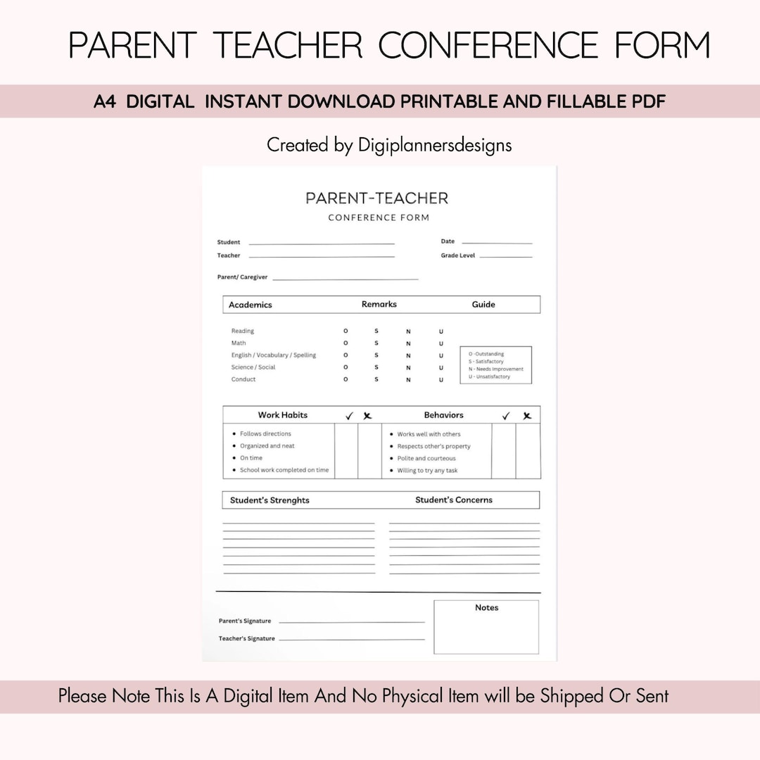 Parent Teacher Conference Form,student Progress Sheet,teacher Planner ...