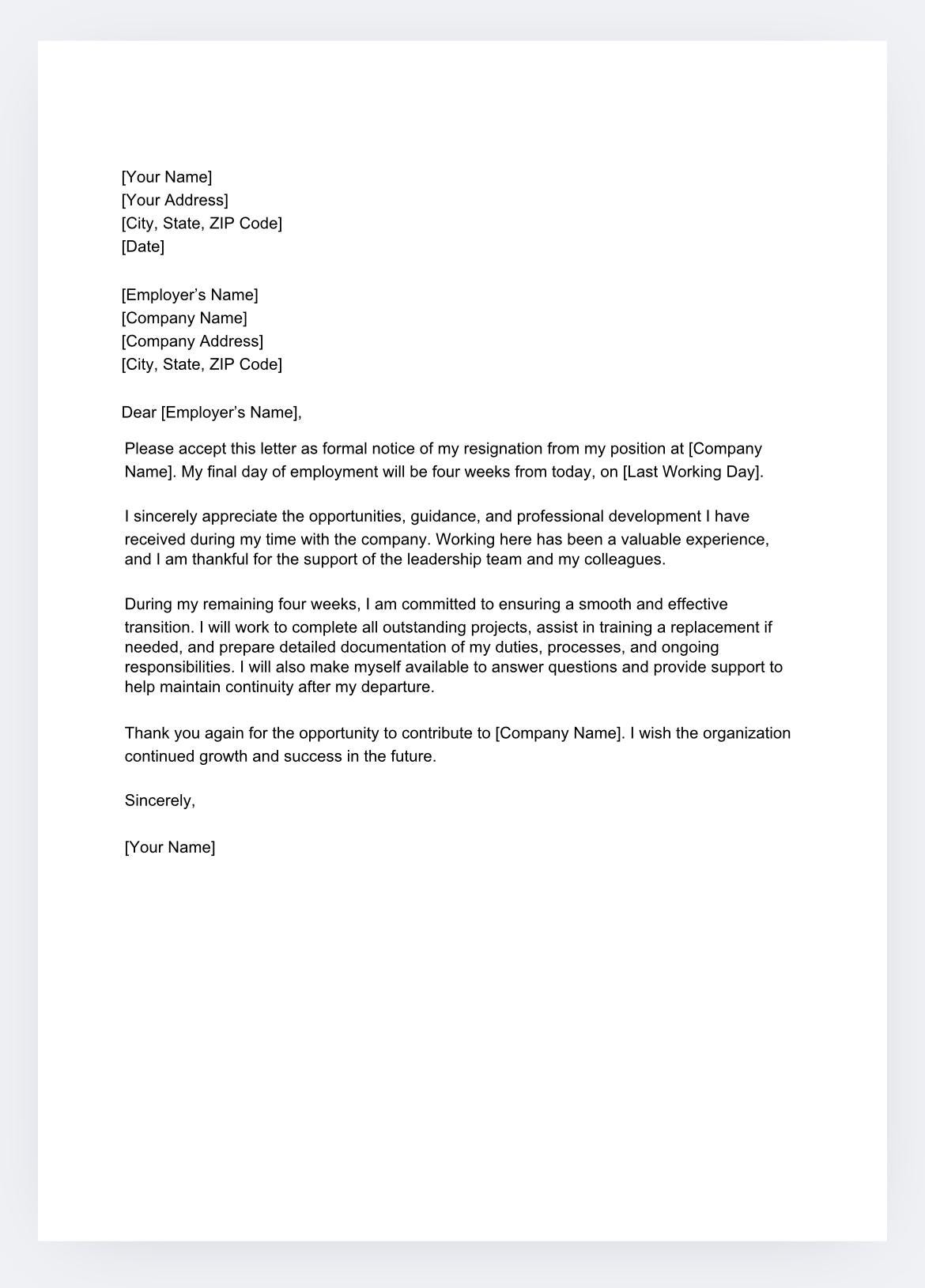 4 Week Notice Letter Template, Resignation Letter, Notice to Employer ...