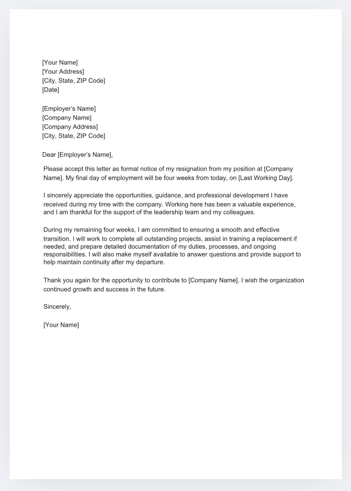 4 Week Notice Letter Template, Resignation Letter, Notice to Employer ...