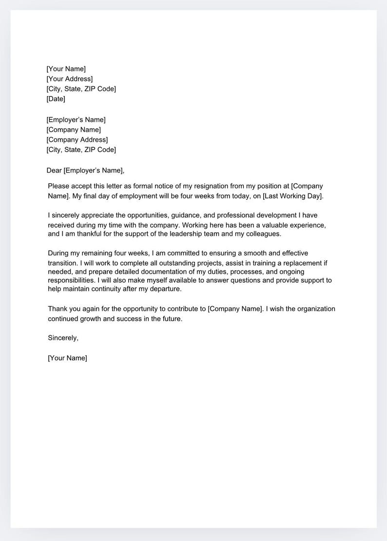 4 Week Notice Letter Template, Resignation Letter, Notice to Employer ...