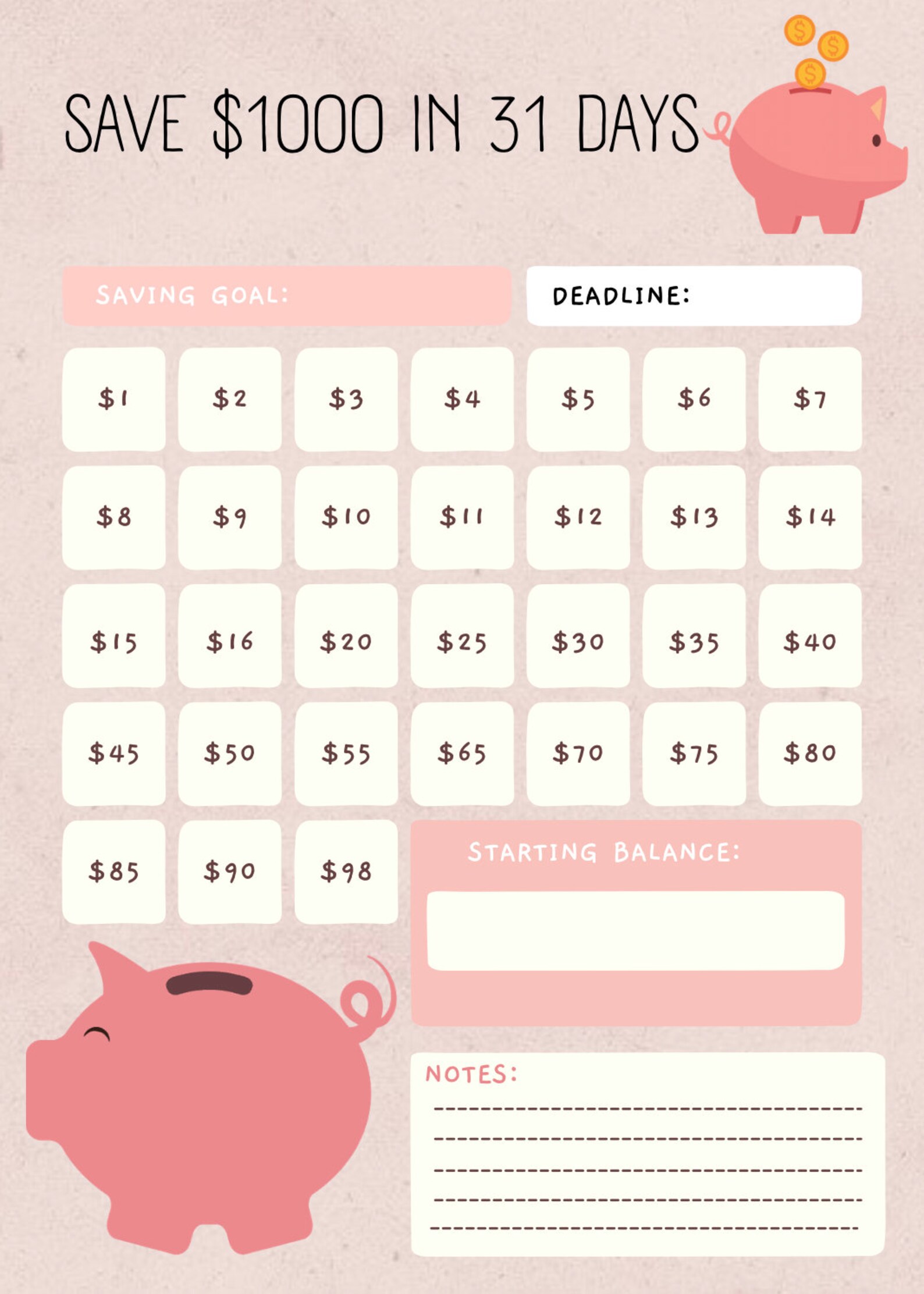 Save 1000 in a Month 30 Day Saving Challenge1k Money | Etsy