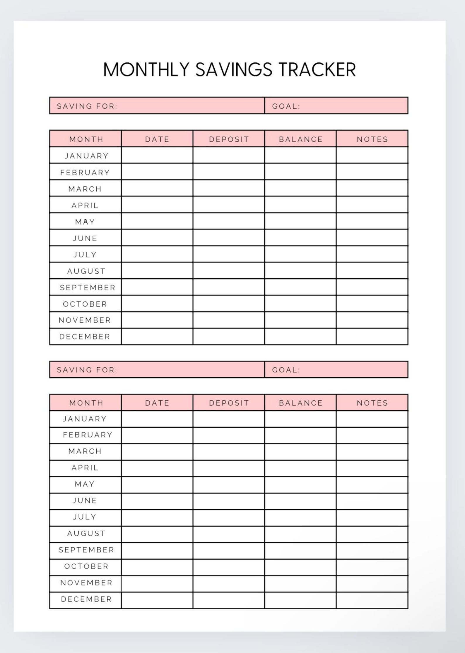 Pink Monthly Savings Tracker Printable PDF, Money Saving Log, Budget ...