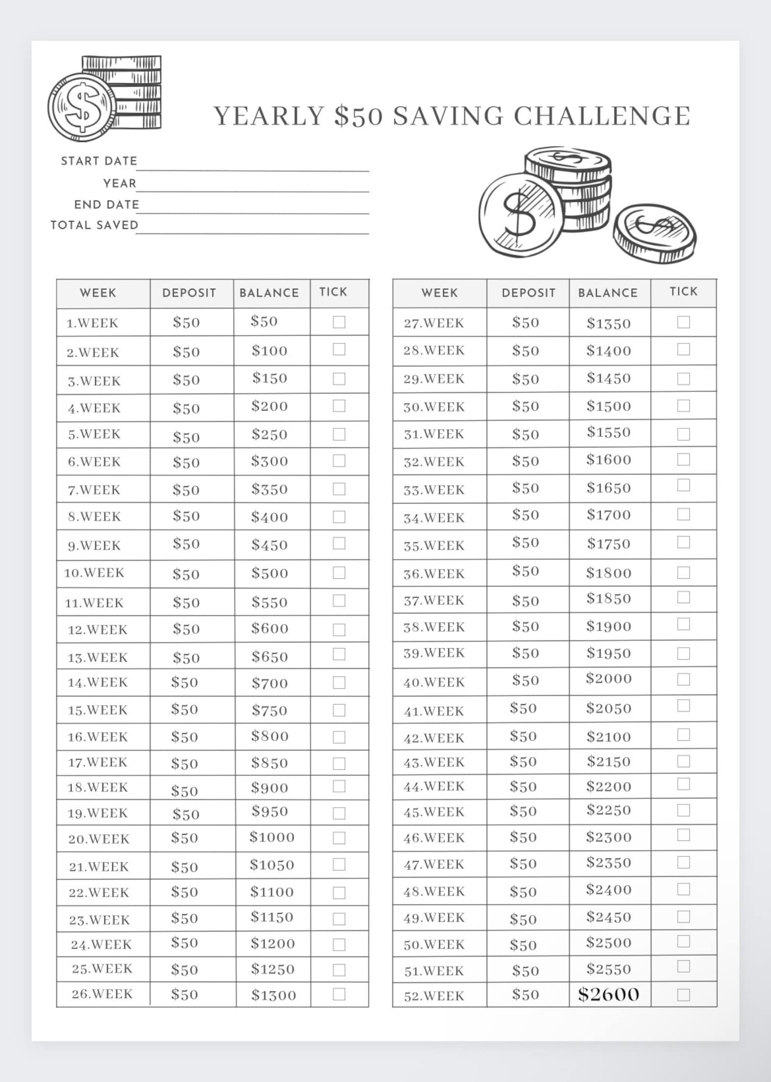 50 Dollar Every Week, 52 Week Money Challenge,money Saving Challenge ...