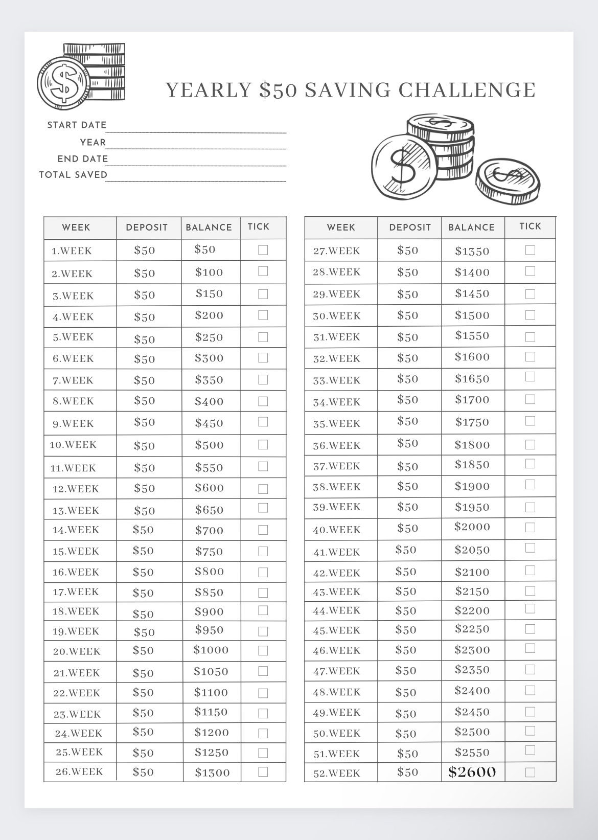 50 Dollar Every Week, 52 Week Money Challenge,money Saving Challenge ...