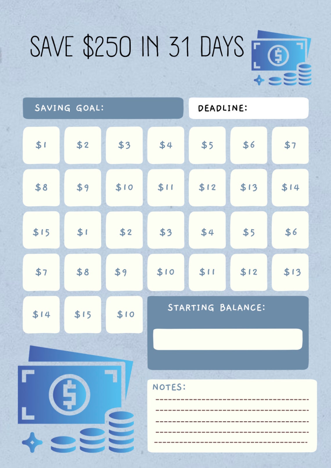 Save 250 in a Month Money Challenge Saving Challenge Budget | Etsy