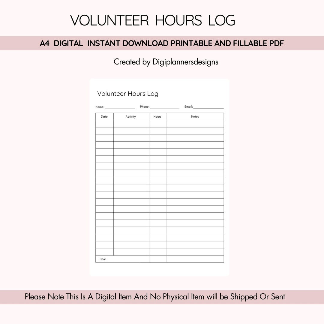 Volunteer Hours Log Printable,community Service Tracker,volunteer Time ...