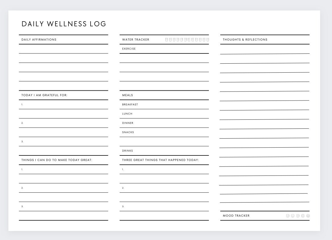 Daily Wellness Log,day at a Glance,daily Selfcare Planner,daily ...