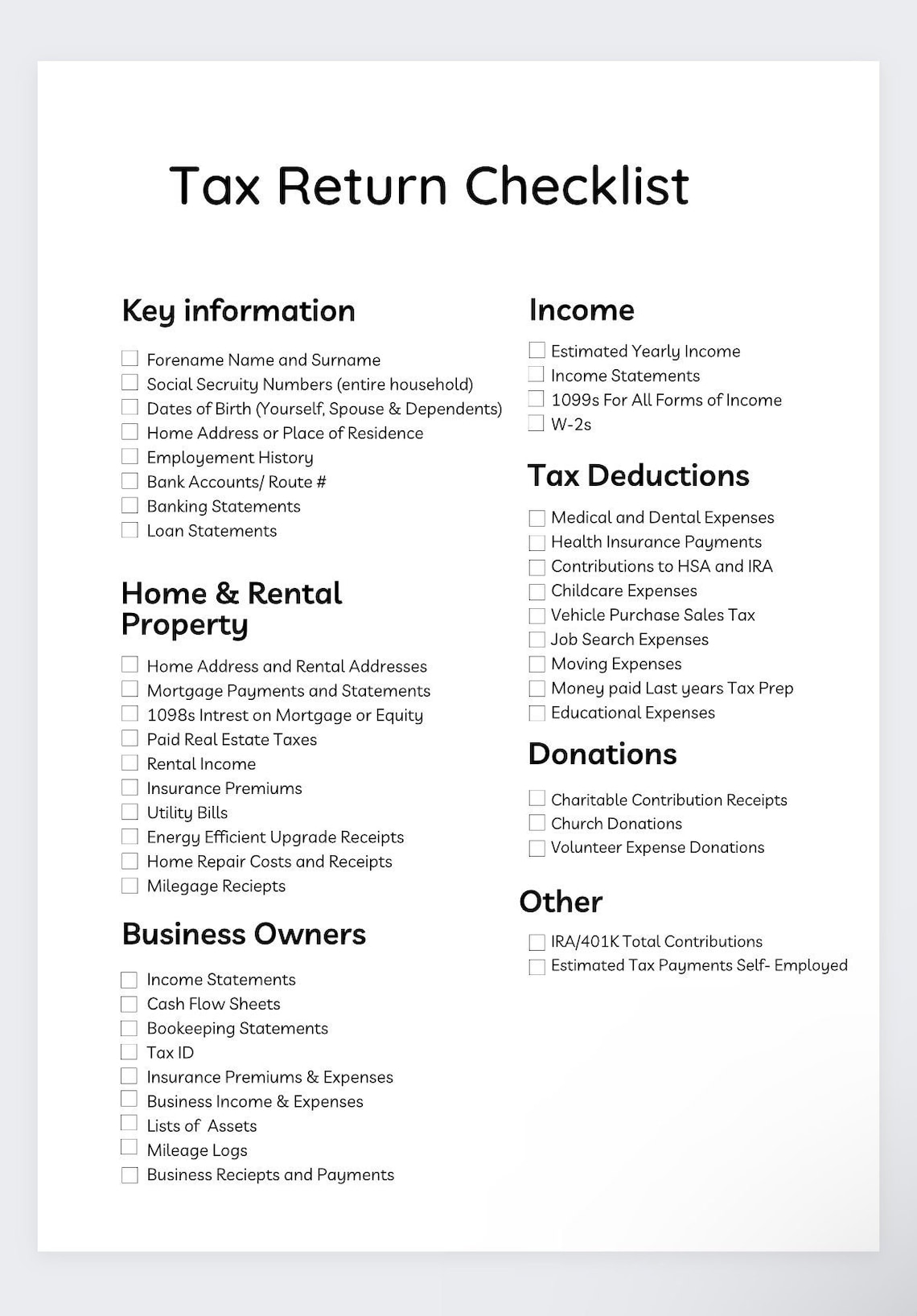 Tax Return Checklist,tax Prep,tax Deductions,tax Prep Checklist,tax Log ...