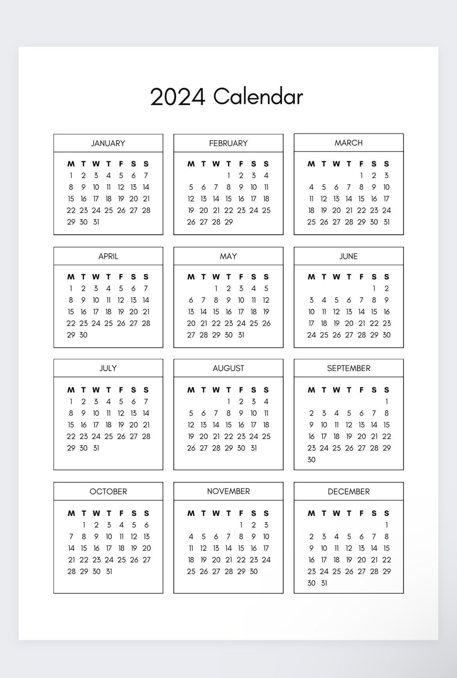 2024 Simple Calendar,year at a Glance,2024 Calendar Printable,one Page ...