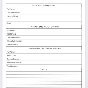 Emergency Contact List Planner: Information Sheet Template - Etsy