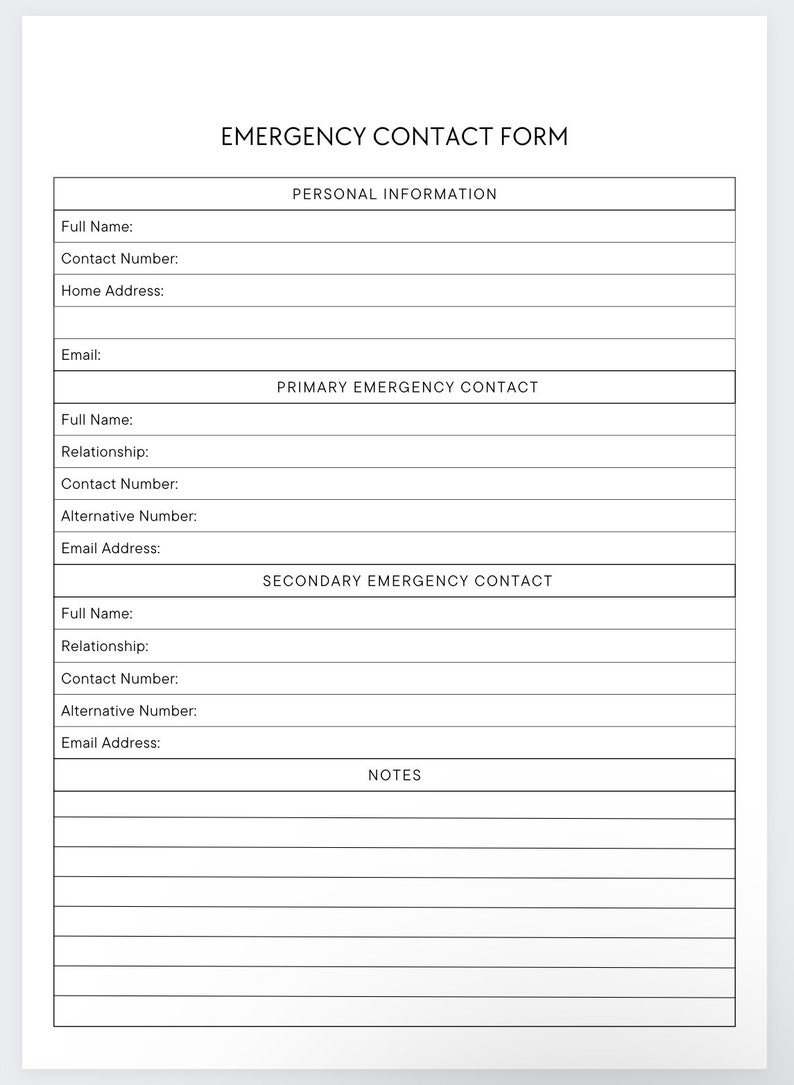 Emergency Contact Form Printable PDF, Family Safety Information Sheet ...