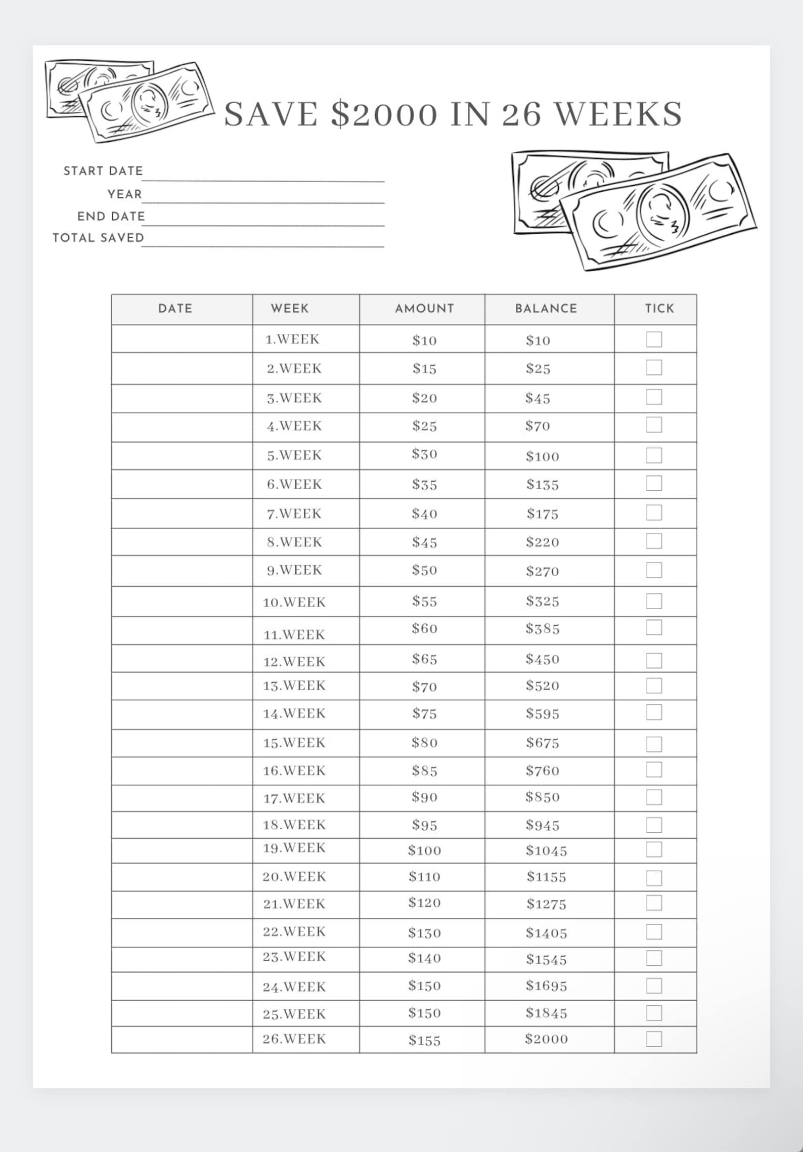 Save 2000 in 26 Weeks Money Challenge,money Saving Challenge, Savings ...
