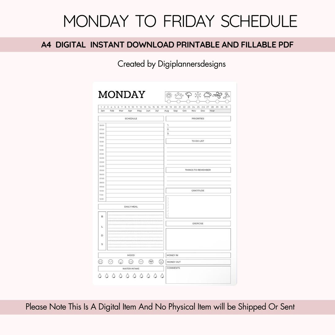 Monday to Friday Schedule,adult ADHD Planner,time Blocking,weekly ...