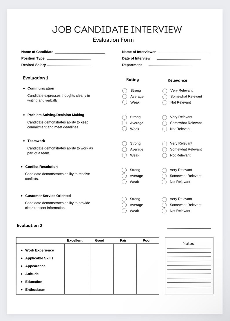 Job Interview Candidate Evaluation Form: Recruiter Template - Etsy