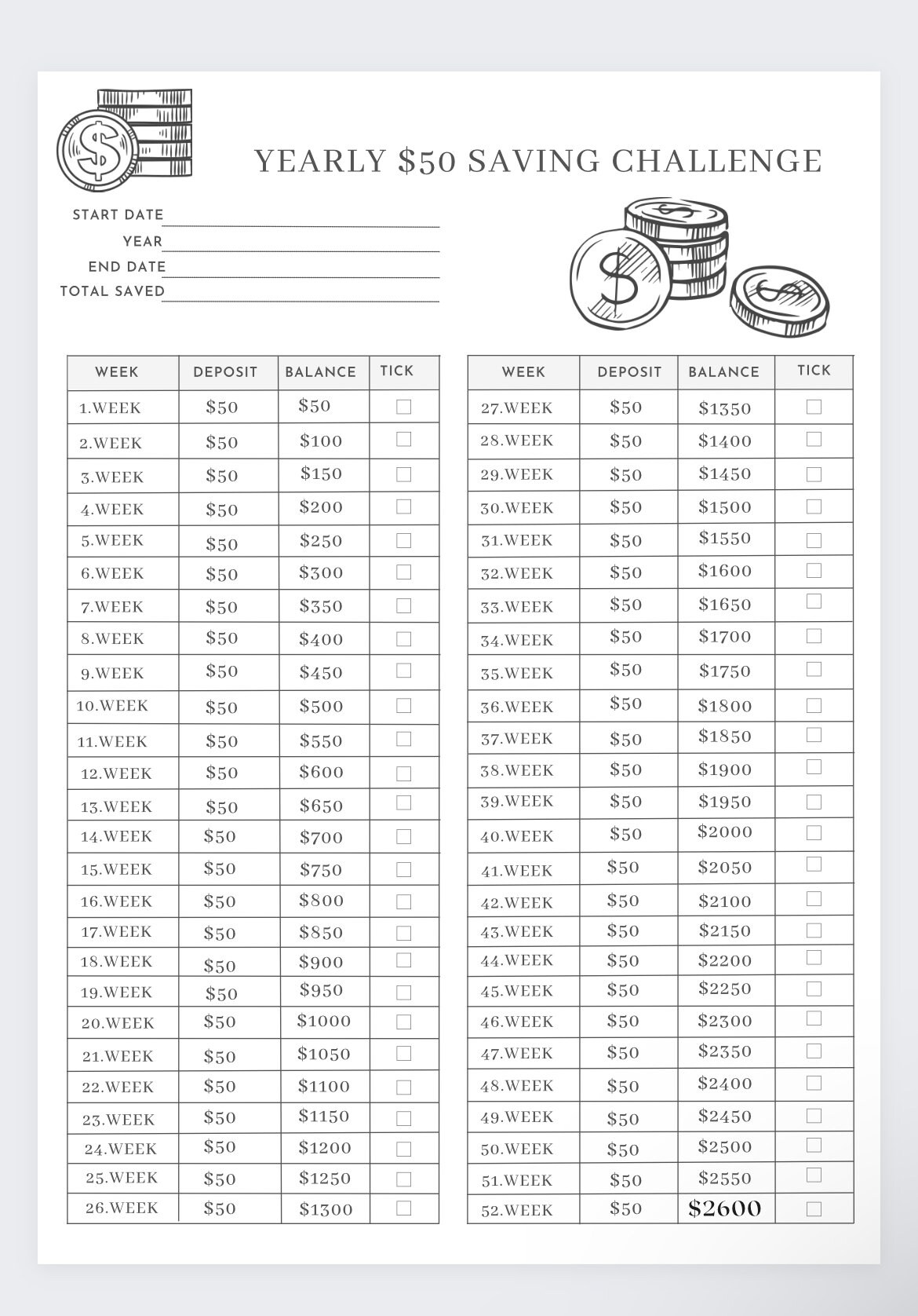 50 Dollar Every Week, 52 Week Money Challenge,money Saving Challenge ...