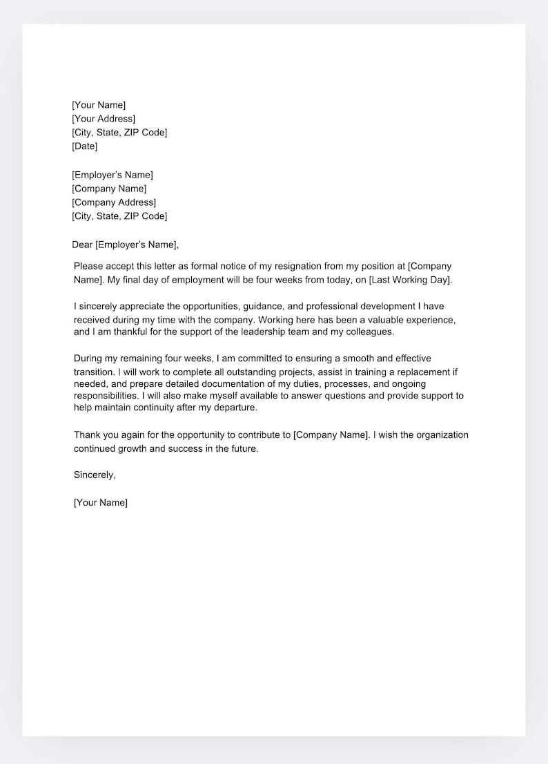 4 Week Notice Letter Template, Resignation Letter, Notice to Employer ...