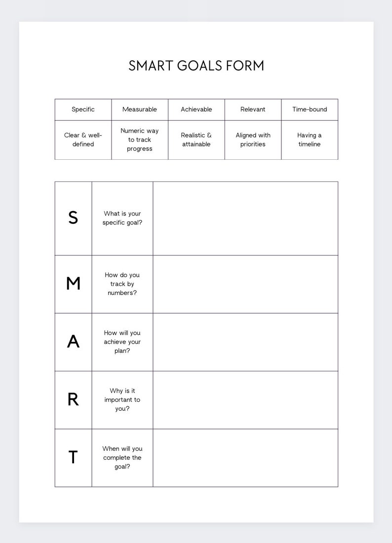 SMART Goals Form, Goal Setting Worksheet, Goal Planning Form ...