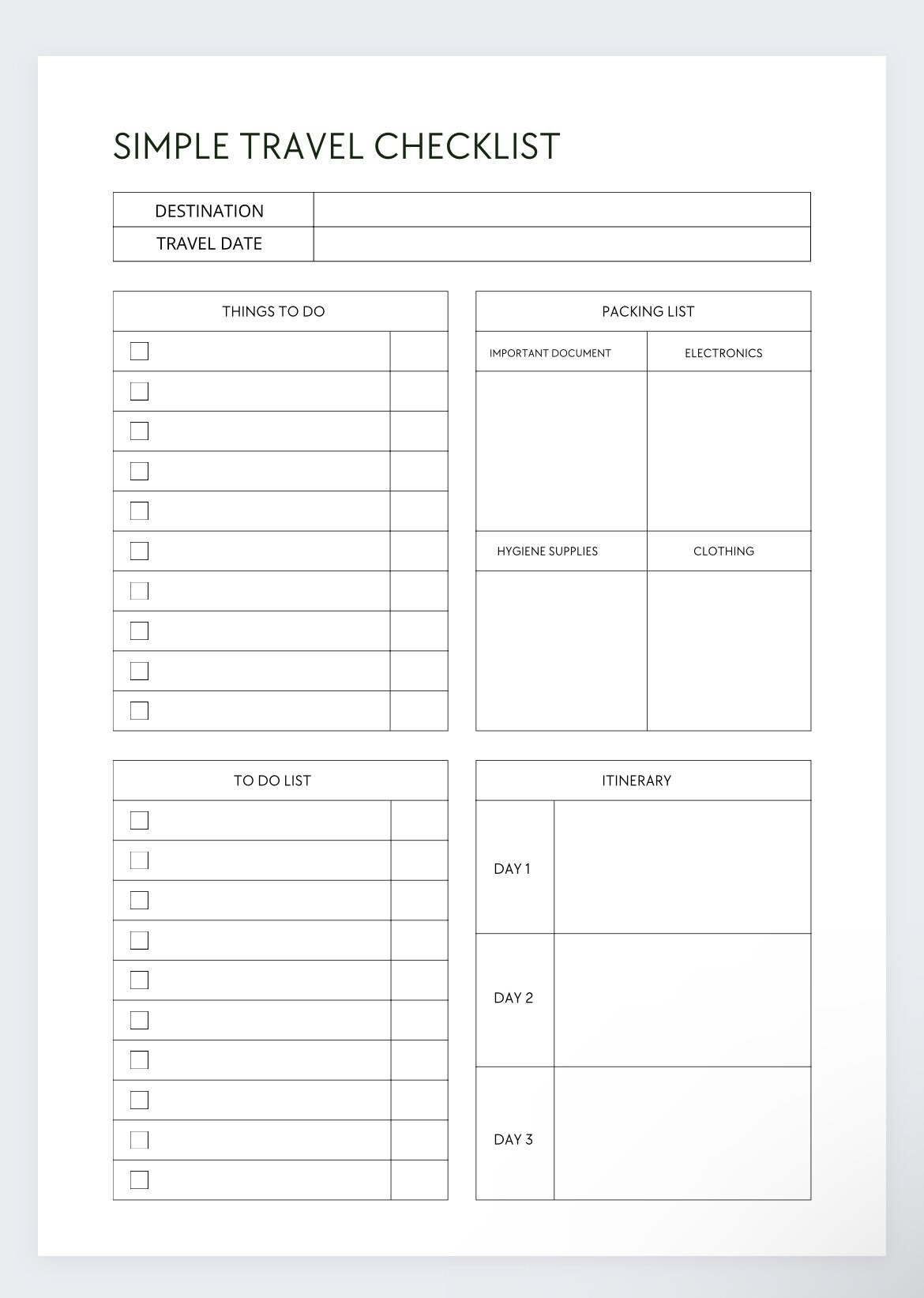 Simple Travel Checklist,essential Travel Planner,packing List,travel ...
