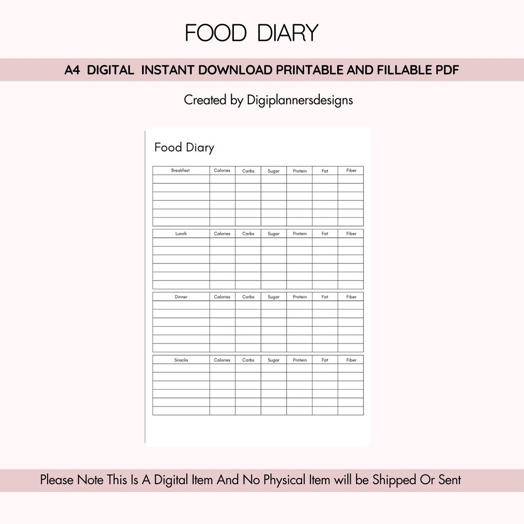 Food Diary Printable, Daily Food Log, Meal Tracker, Breakfast Lunch ...