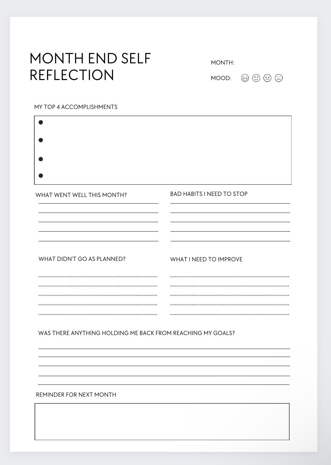 Month End Self Reflection Planner,monthly Reflection Journal,personal ...