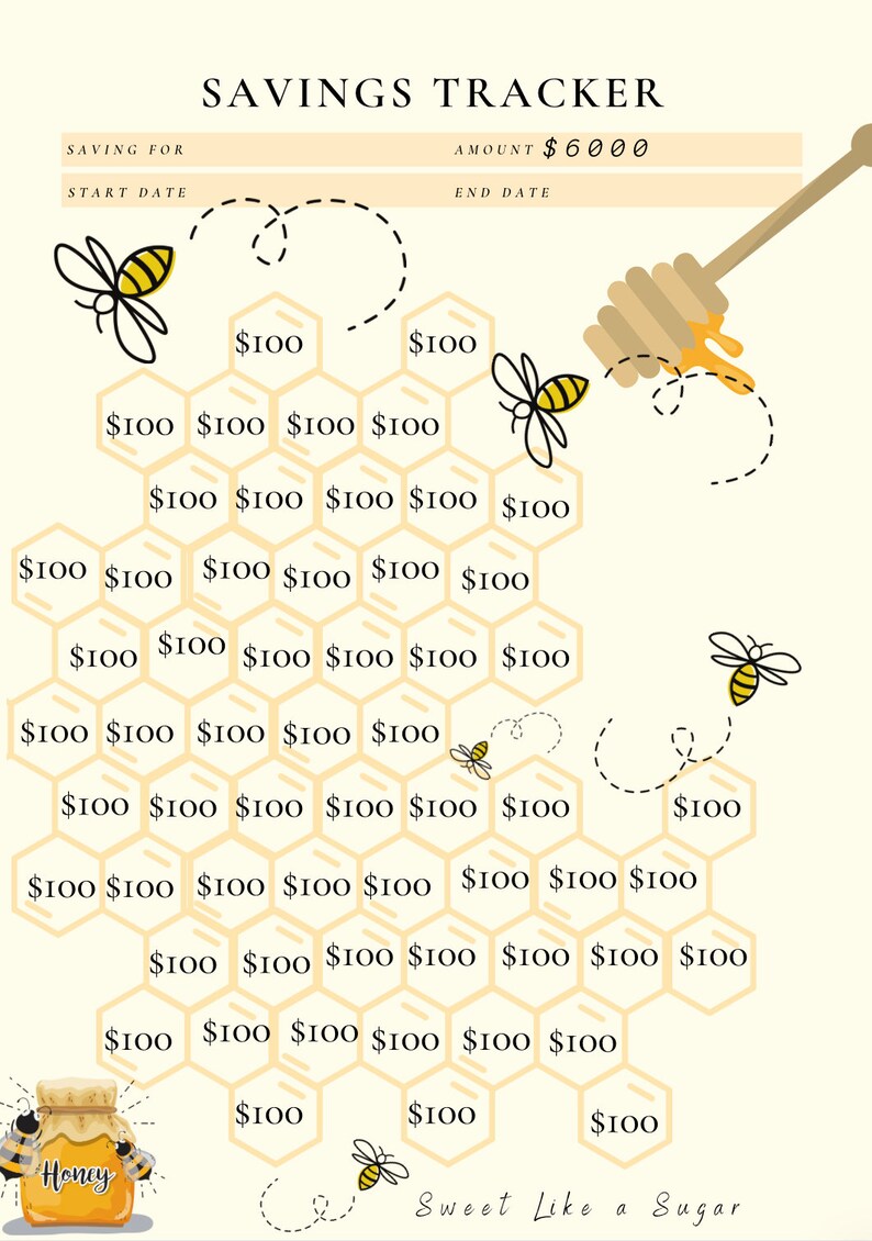 Honey Bee Save 6000 Money Challenge, Savings Tracker, Savings Challenge ...