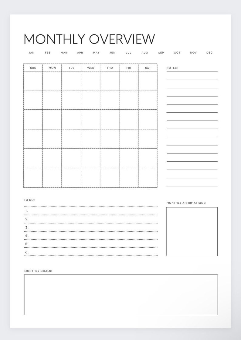 Monthly Overview,month at a Glance,monthly Diary,monthly Planner,adhd ...