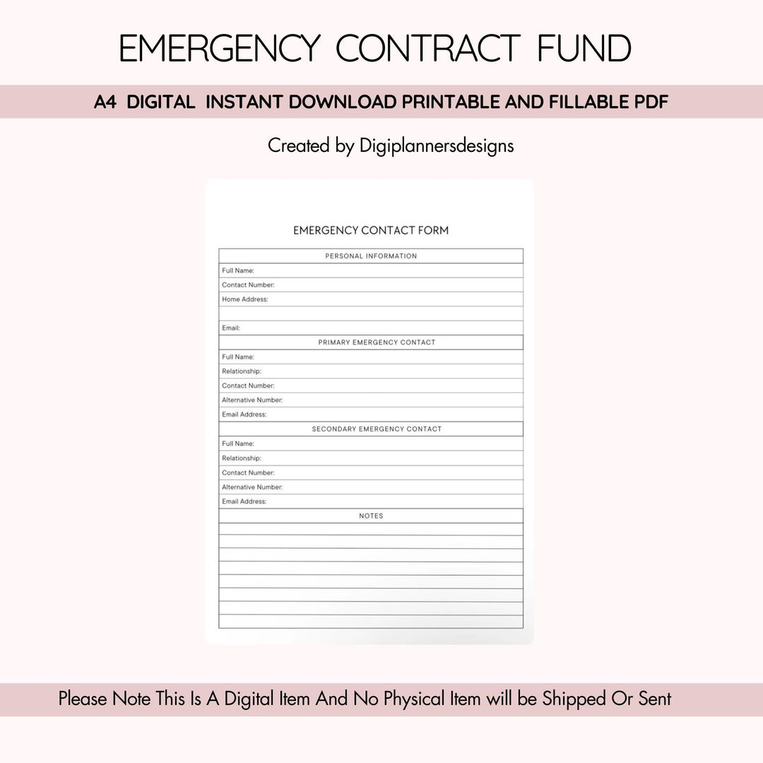 Emergency Contact Form Printable PDF, Family Safety Information Sheet ...