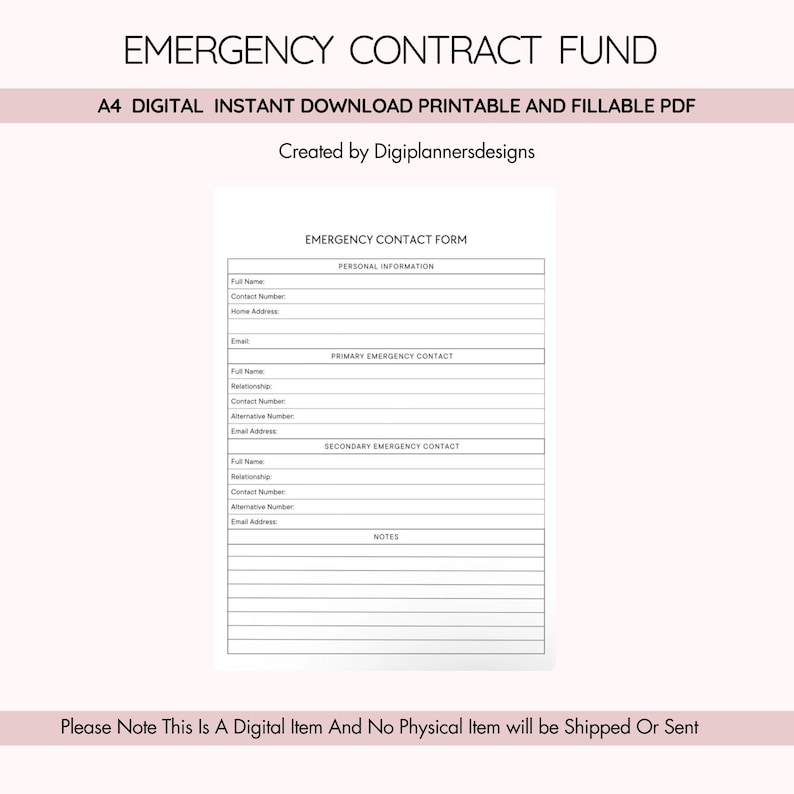 Emergency Contact Form Printable PDF, Family Safety Information Sheet ...