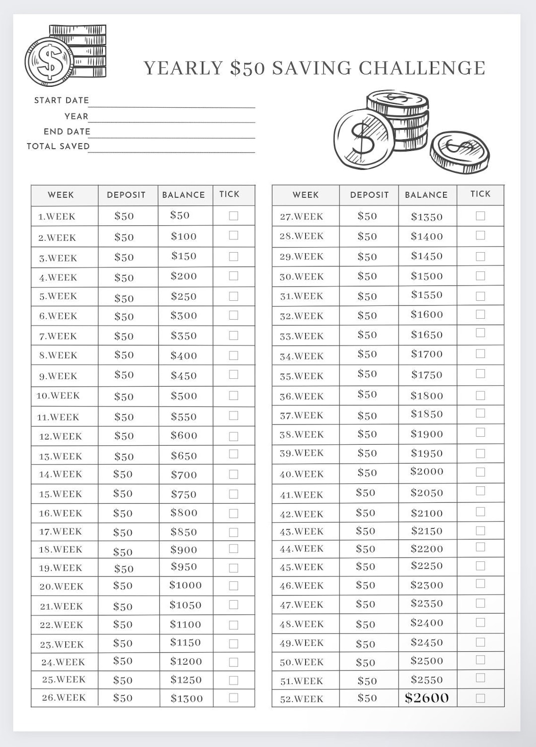 50 Dollar Every Week, 52 Week Money Challenge,money Saving Challenge ...