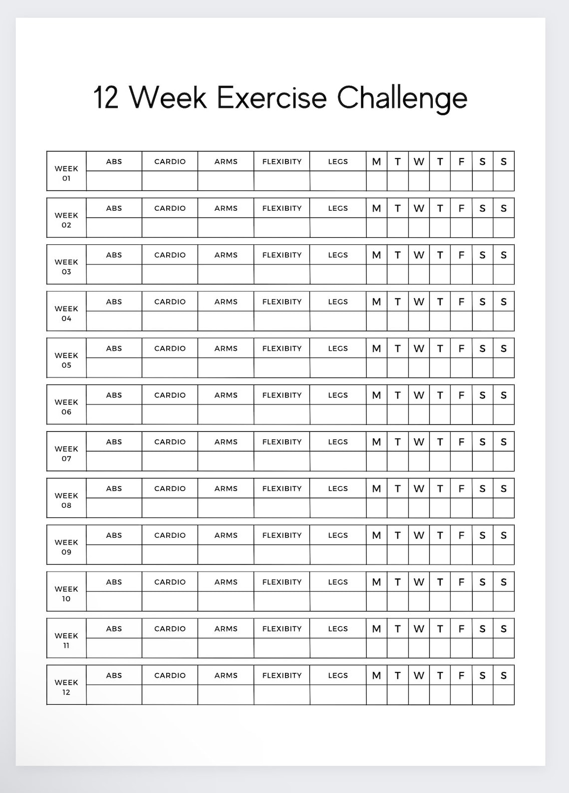 12 Week Exercise Challenge,workout Tracker,fitness Log,workbook Log ...