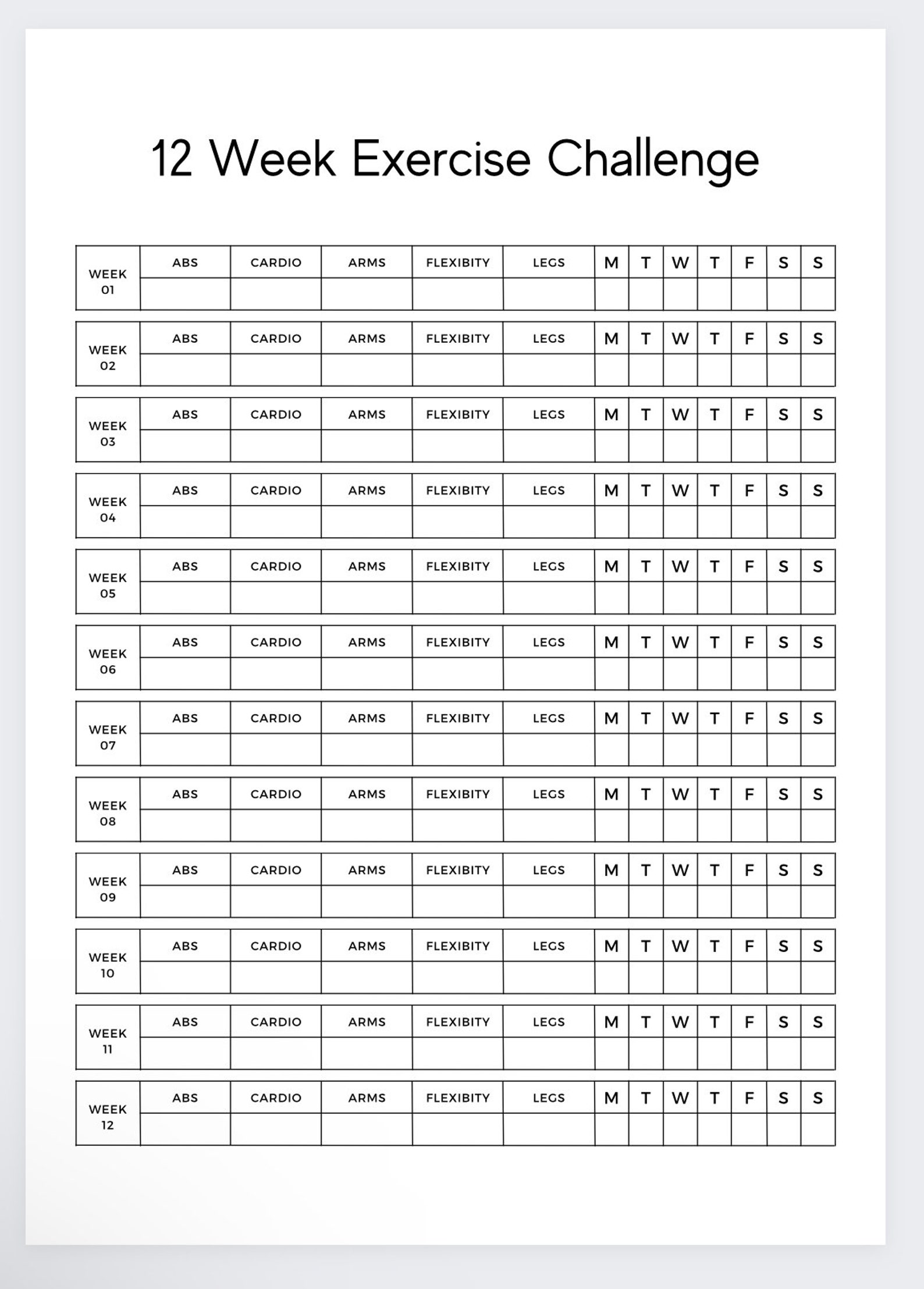 12 Week Exercise Challenge,workout Tracker,fitness Log,workbook Log ...