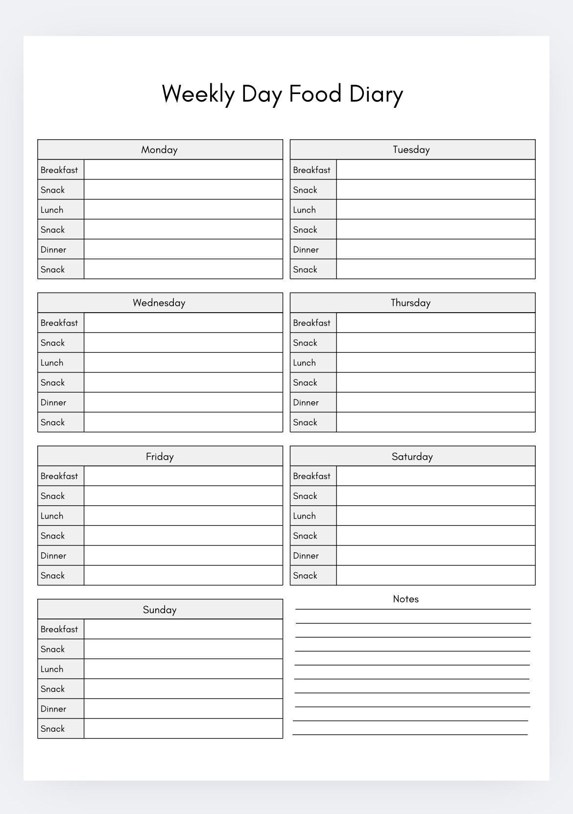 Grey Weekly Day Food Diary,meal Tracker,diet Planner,nutrition Log ...