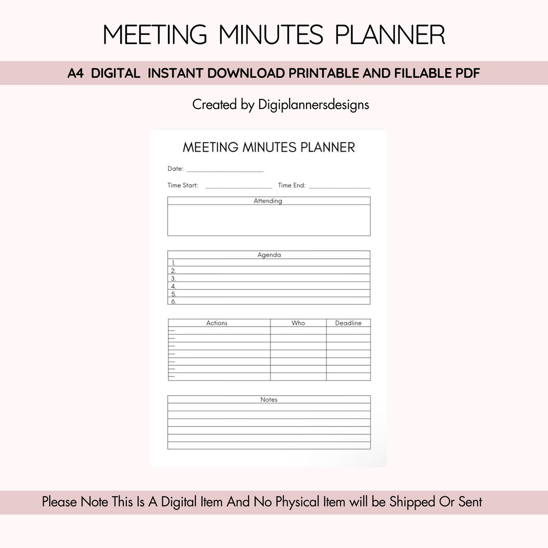 Meeting Minutes Planner, Meeting Notes Template, Business Meeting ...